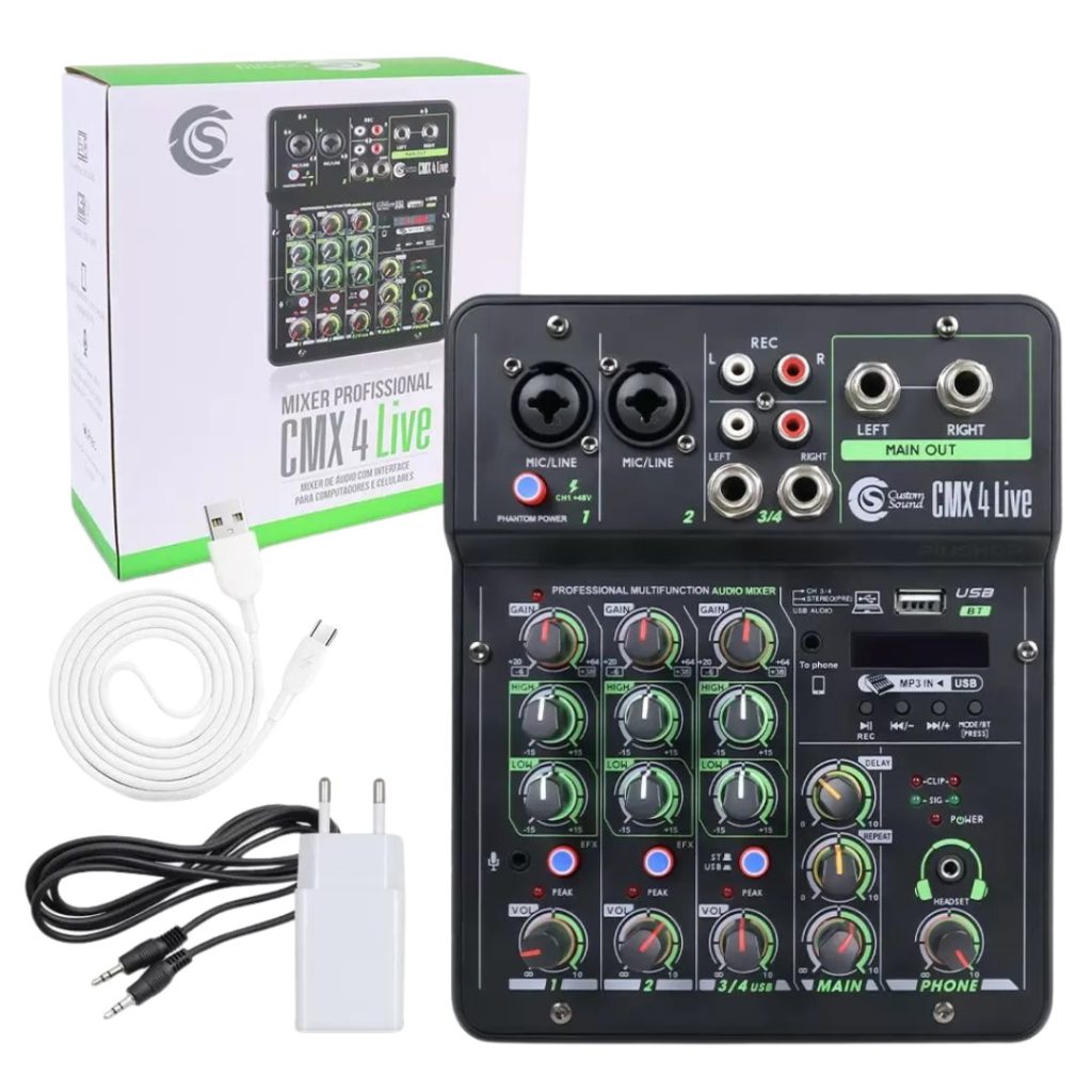 MIXER CUSTOM SOUND 4 CANAIS USB BLUETOOTH BROADCAST CMX4LIVE BK – Rossi